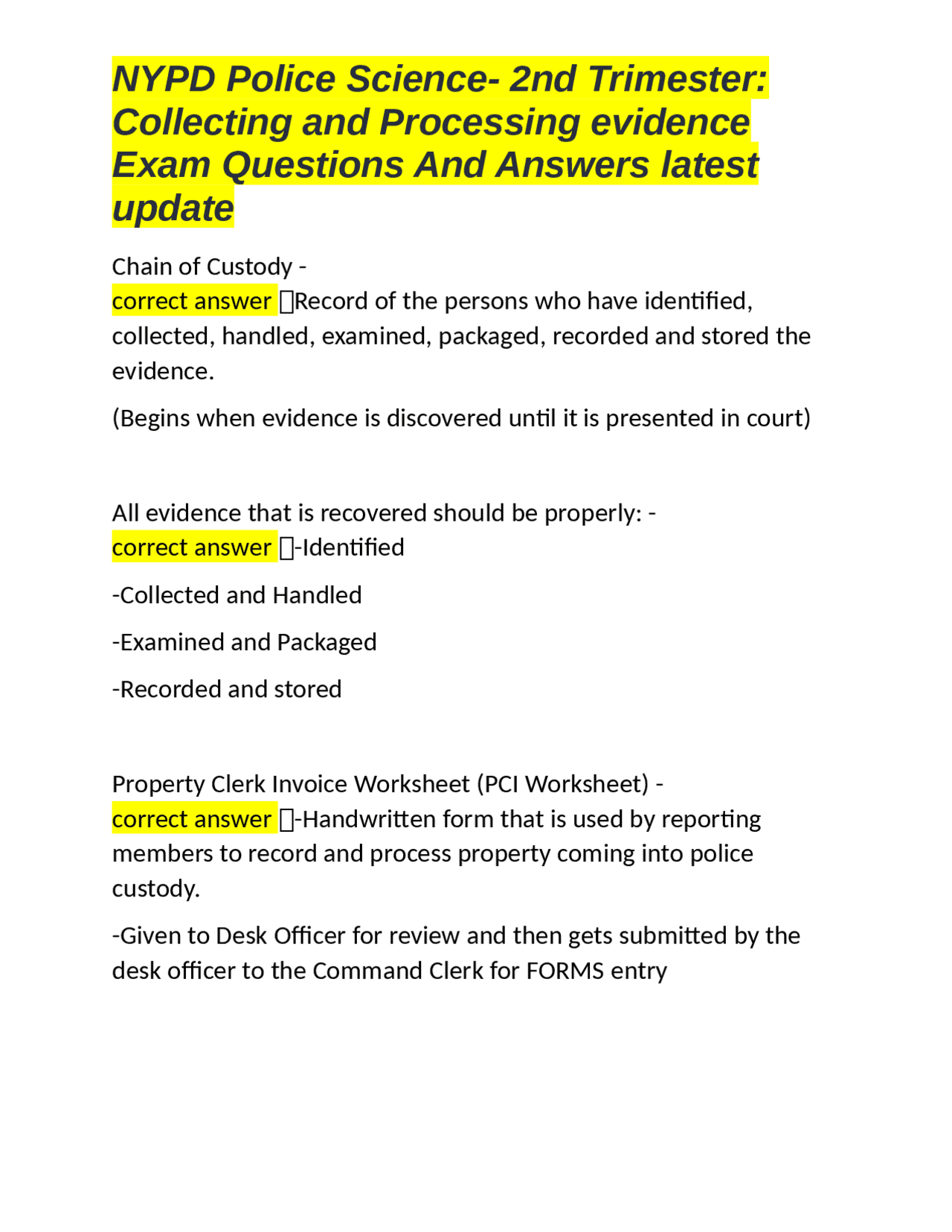NYPD Police Science: Evidence Collection and Processing Exam Q&A ...