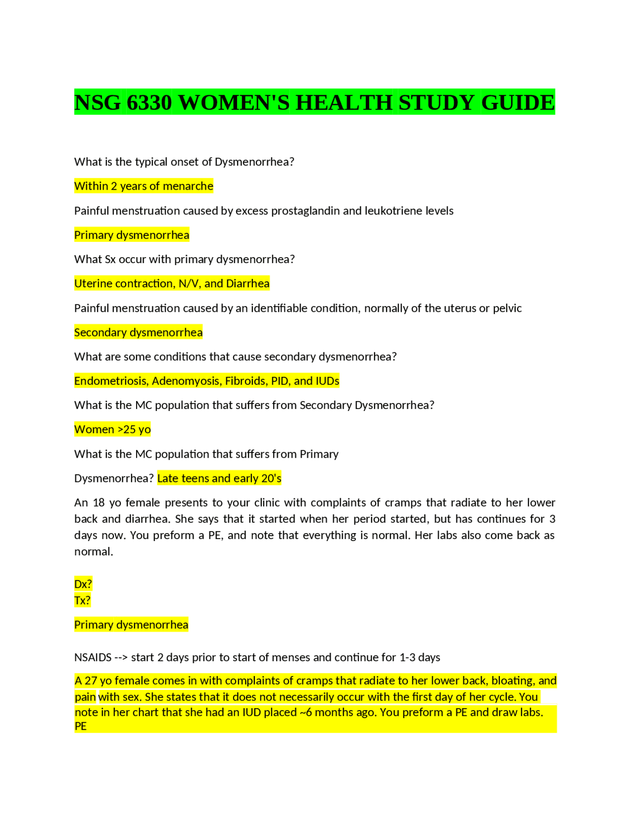 NSG 6330 WOMEN'S HEALTH STUDY GUIDE | Exams Gynecology | Docsity