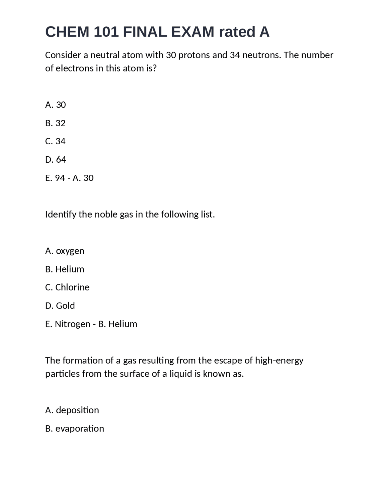 CHEM 101 Final Exam: Multiple Choice Questions and Answers | Exams ...