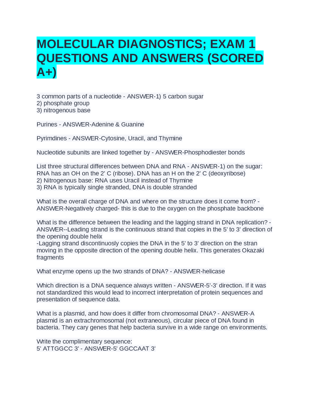 MOLECULAR DIAGNOSTICS; EXAM 1 QUESTIONS AND ANSWERS (SCORED A+) | Exams ...