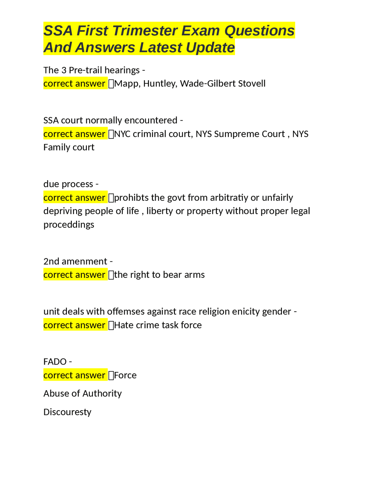 SSA First Trimester Exam Questions and Answers | Exams Criminology ...