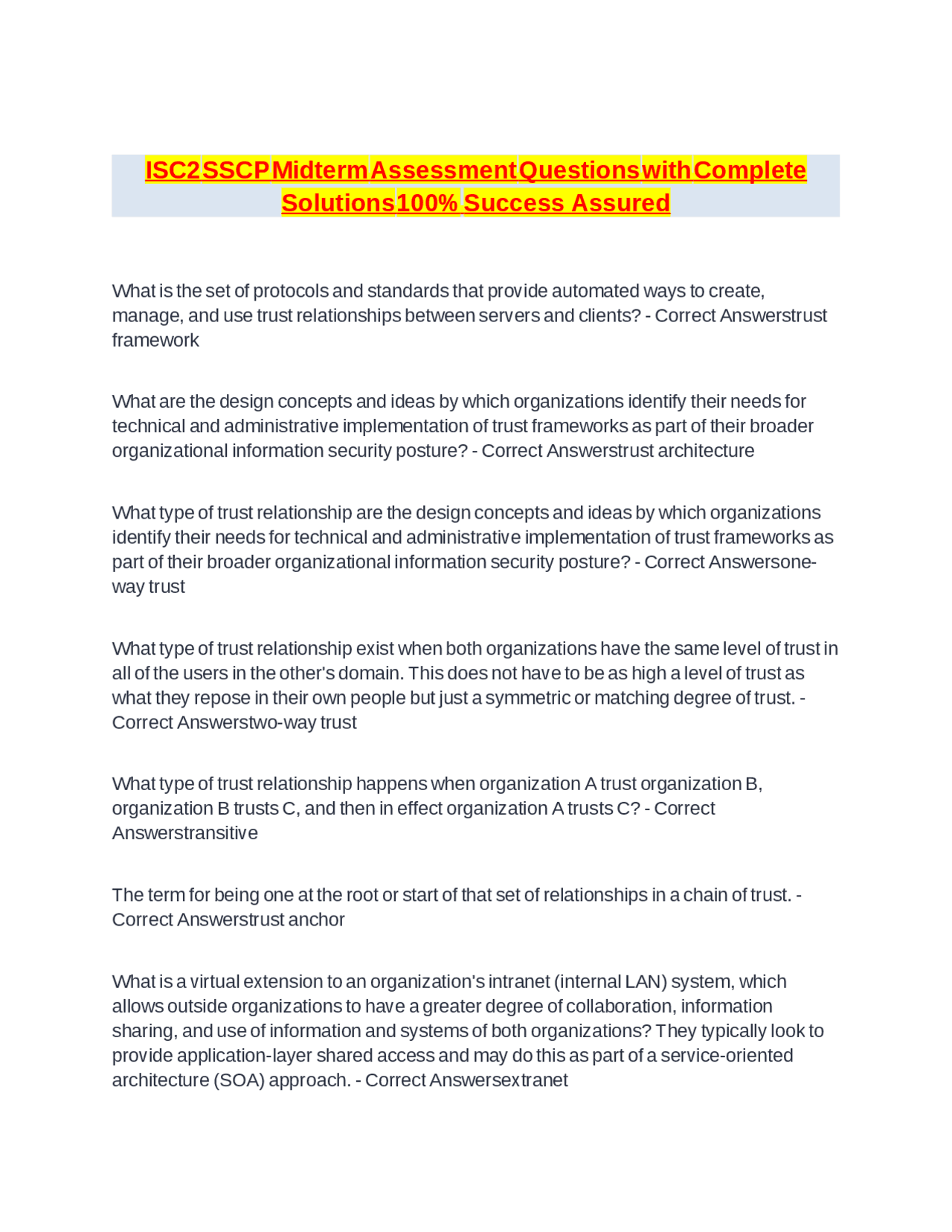 ISC2 SSCP Midterm Assessment Questions with Complete Solutions | Exams ...