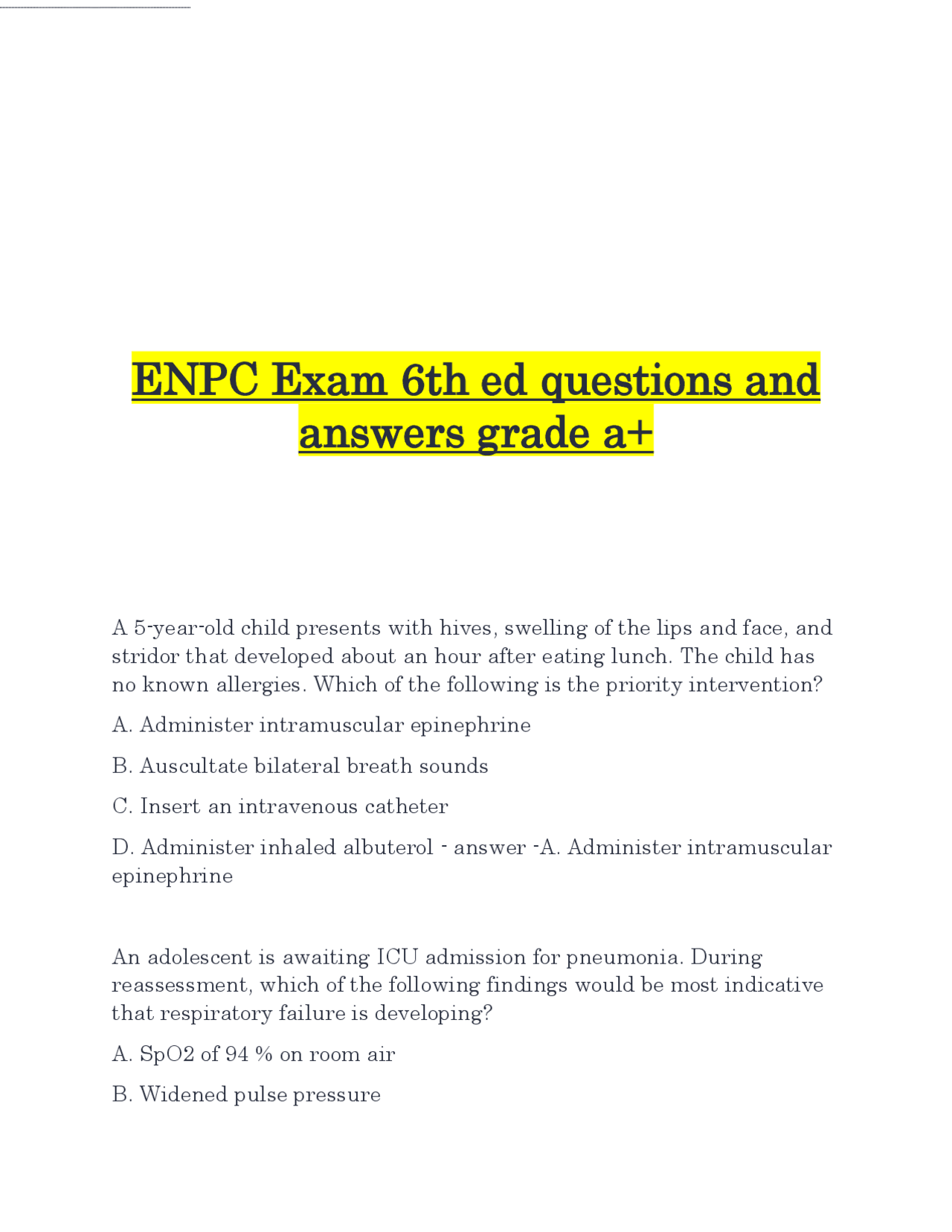 ENPC Exam 6th Edition Questions and Answers: Pediatric Emergency ...