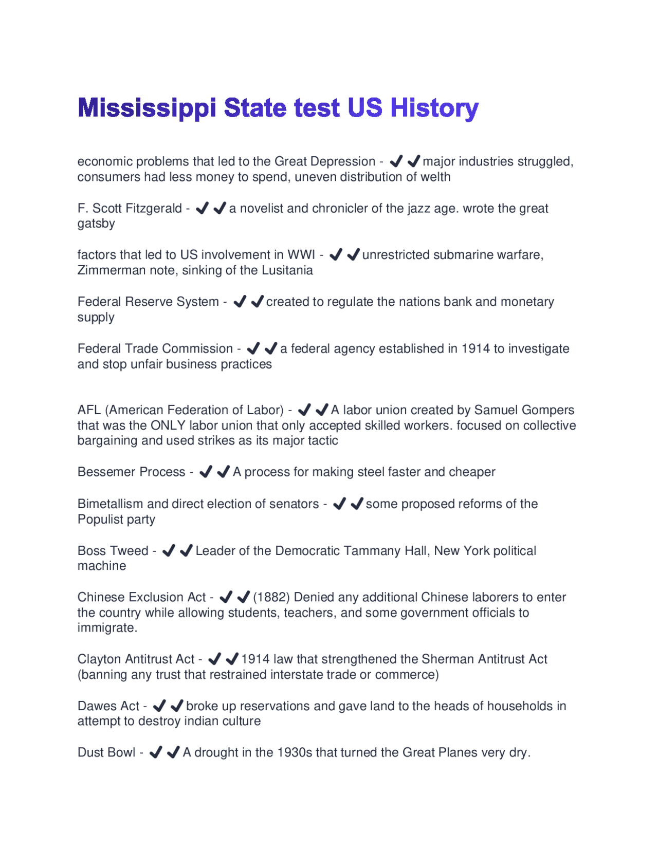 US History Key Terms and Concepts: A Study Guide | Exams History | Docsity