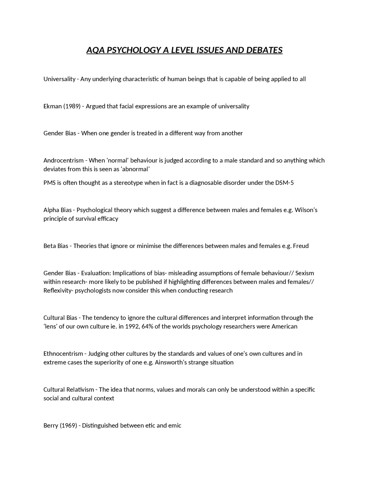 AQA Psychology A Level: Issues and Debates - Key Concepts and Examples ...