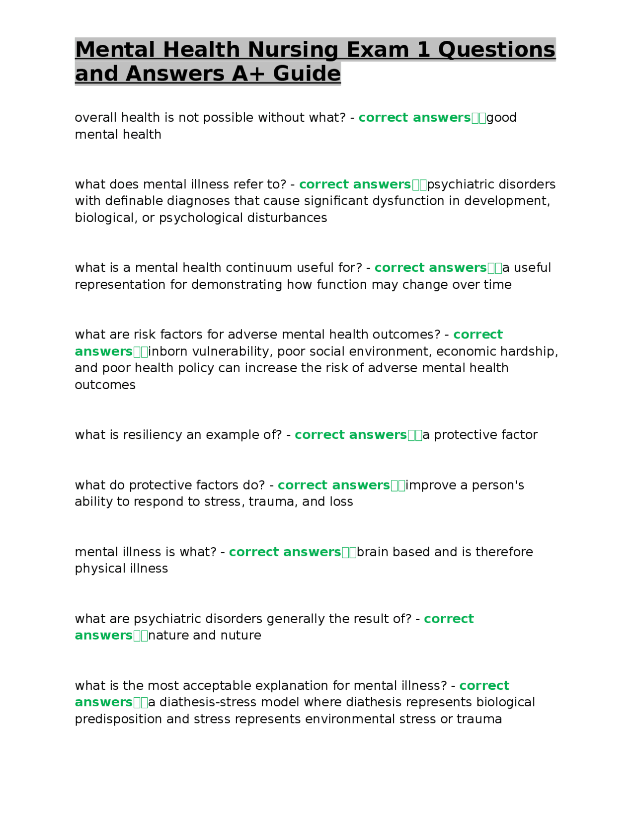 Mental Health Nursing Exam 1 Questions and Answers: A Comprehensive ...