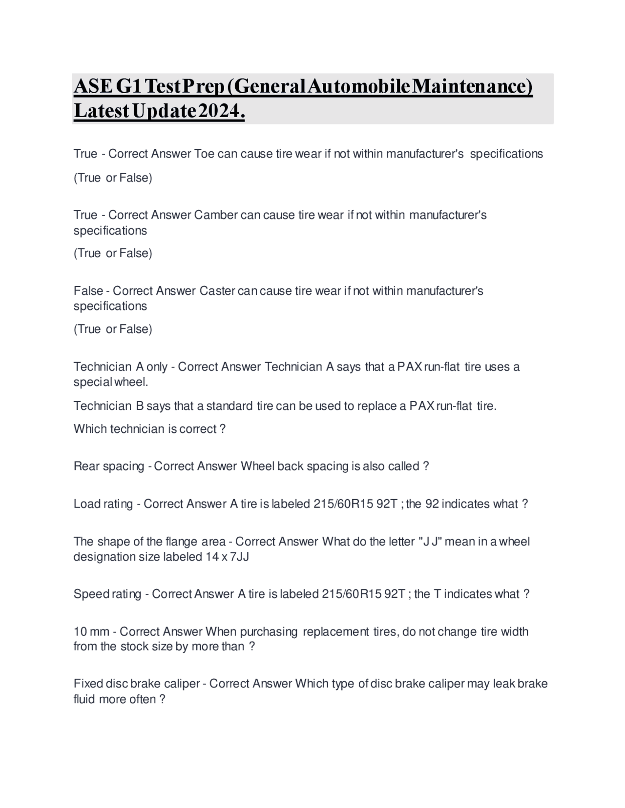 ASE G1 Test Prep (General Automobile Maintenance) Latest Update 2024 ...
