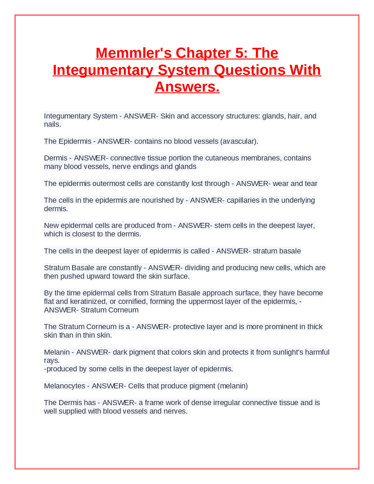 Memmler's Chapter 5: The Integumentary System Questions With Answers ...