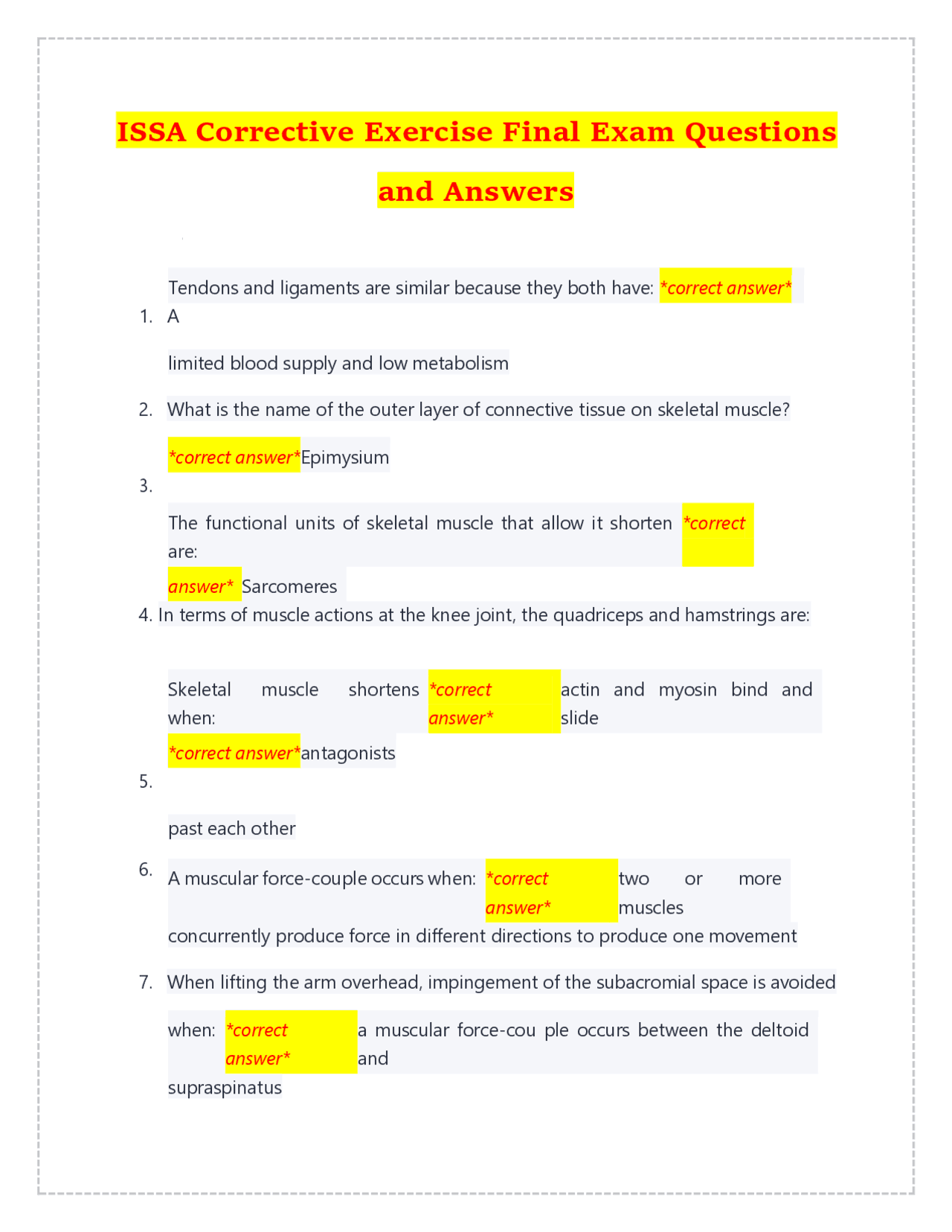 ISSA Corrective Exercise Final Exam Questions and Answers | Exams ...