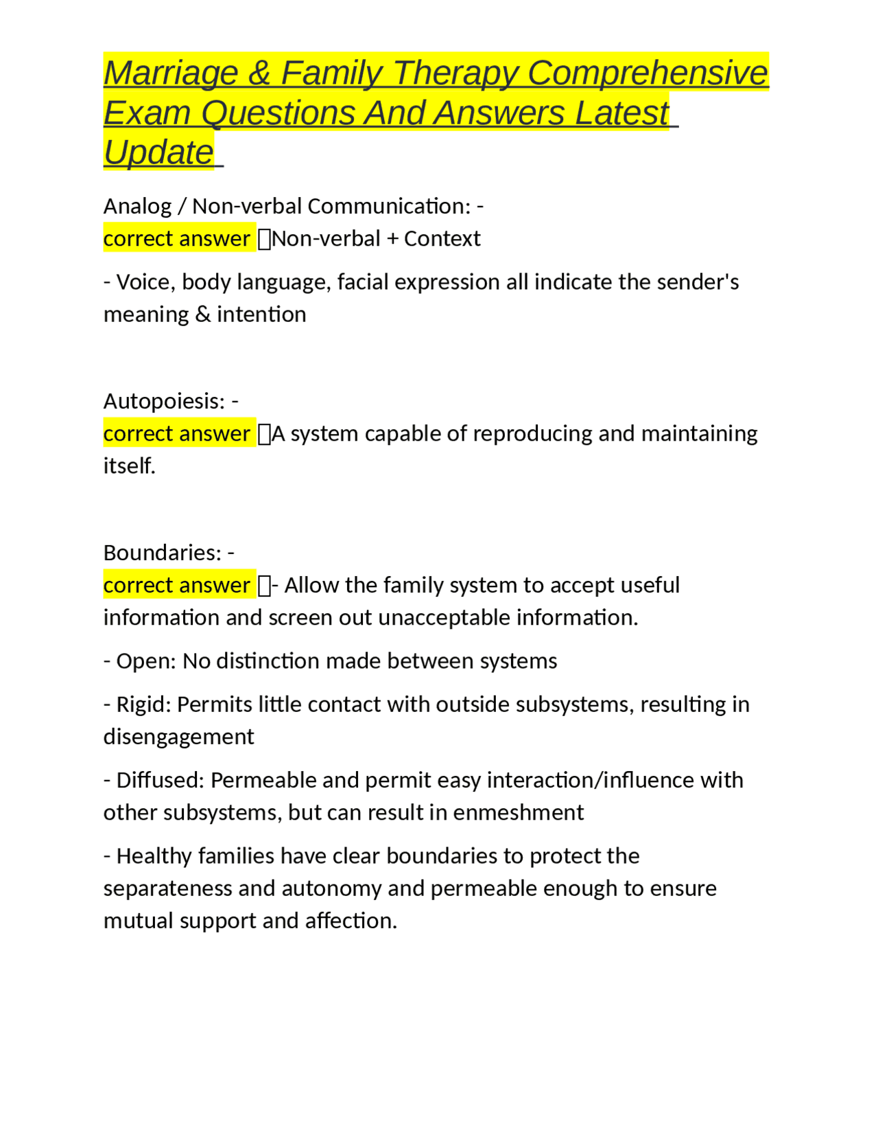 Marriage & Family Therapy Comprehensive Exam Questions and Answers ...