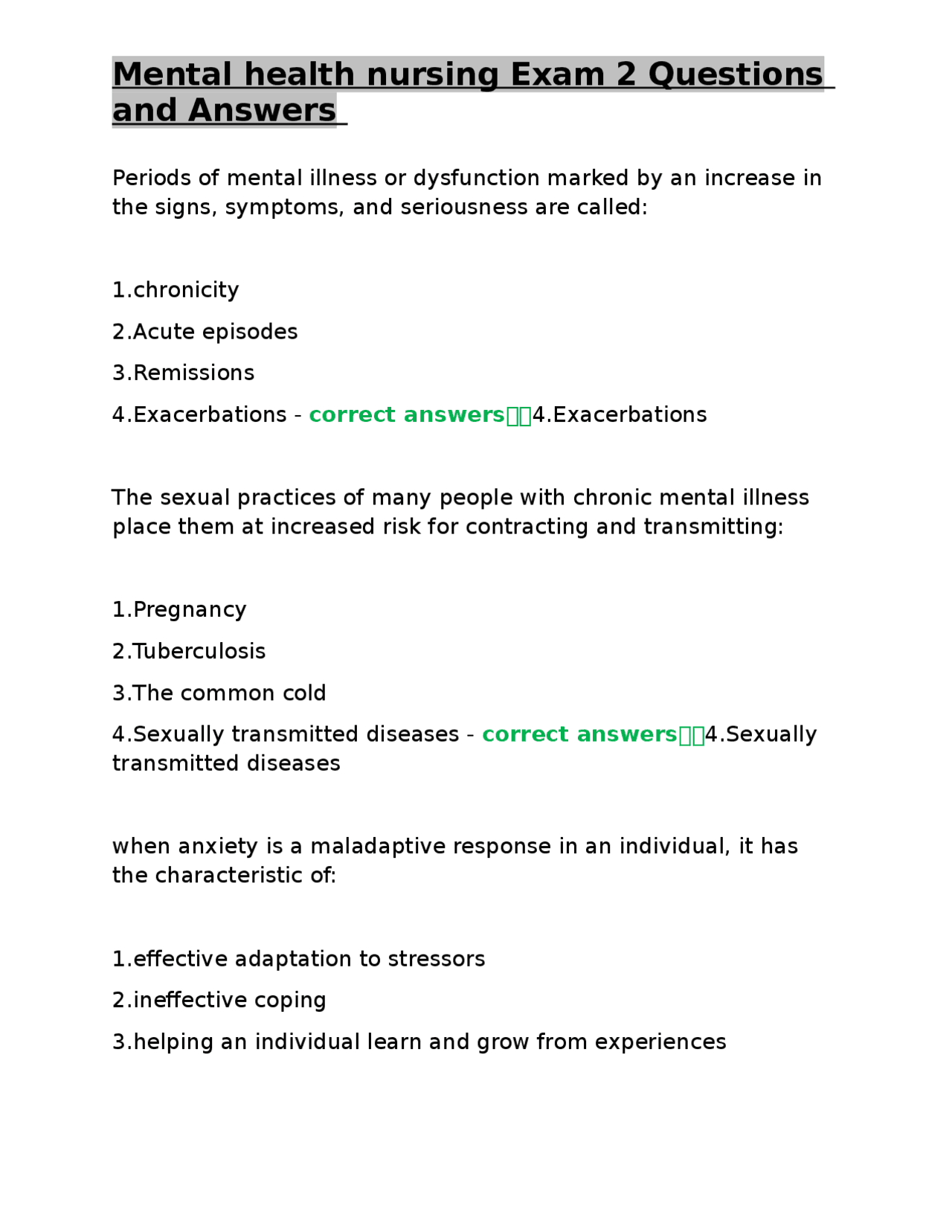 Mental health nursing Exam 2 Questions and Answers | Exams Nursing ...