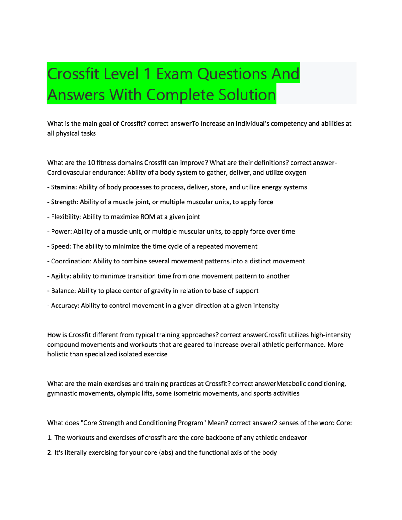 Crossfit Level 1 Exam Questions And Answers With Complete Solution ...
