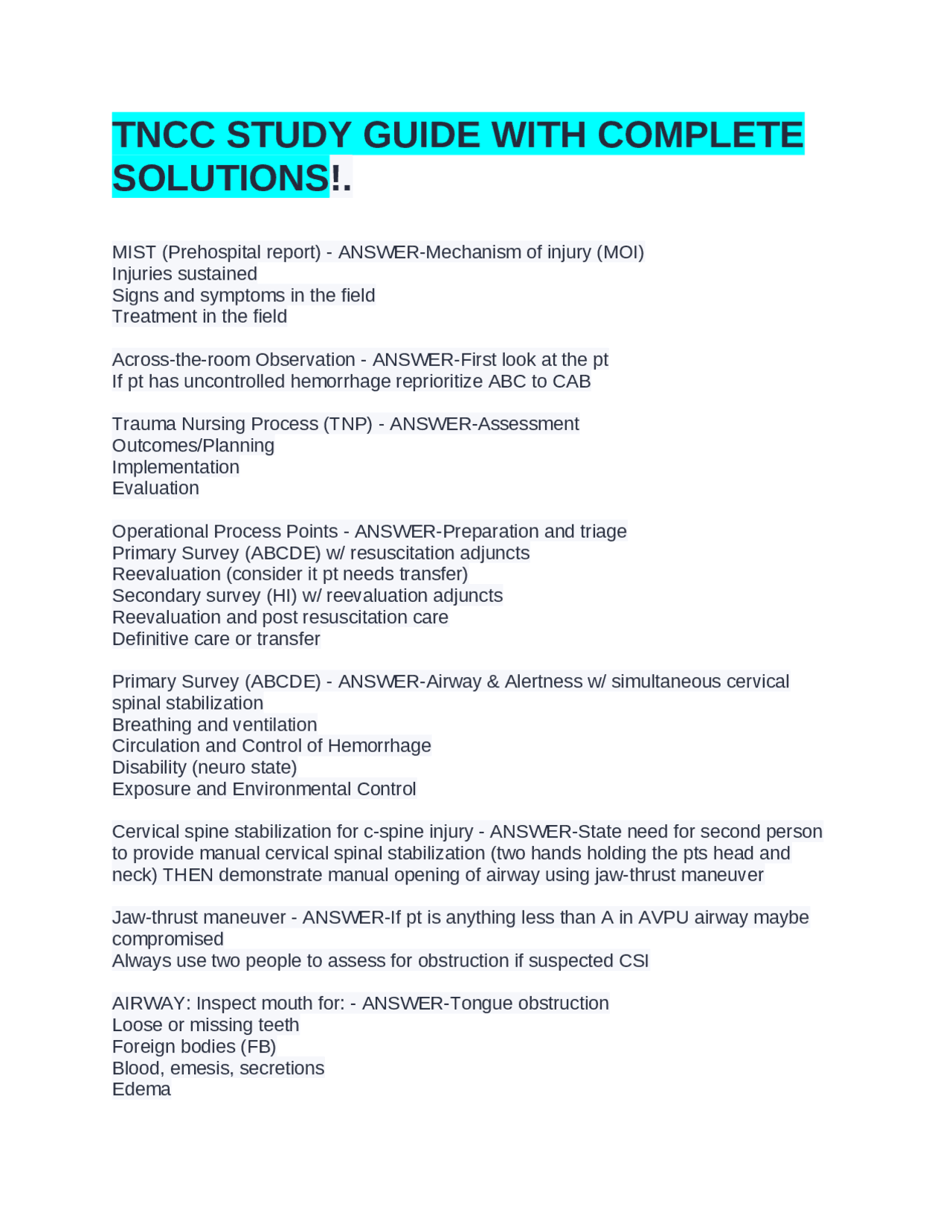 TNCC STUDY GUIDE WITH COMPLETE SOLUTIONS!. | Exams Nursing | Docsity