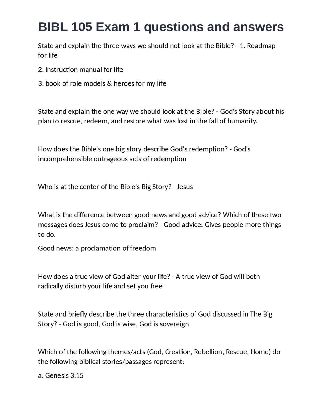 BIBL 105 Exam 1 Questions and Answers: Exploring the Big Story of the ...