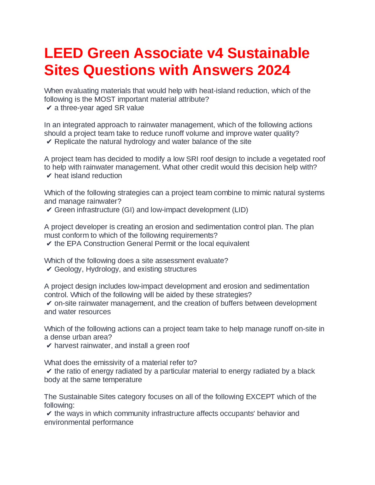 LEED Green Associate v4 Sustainable Sites Questions and Answers | Exams ...