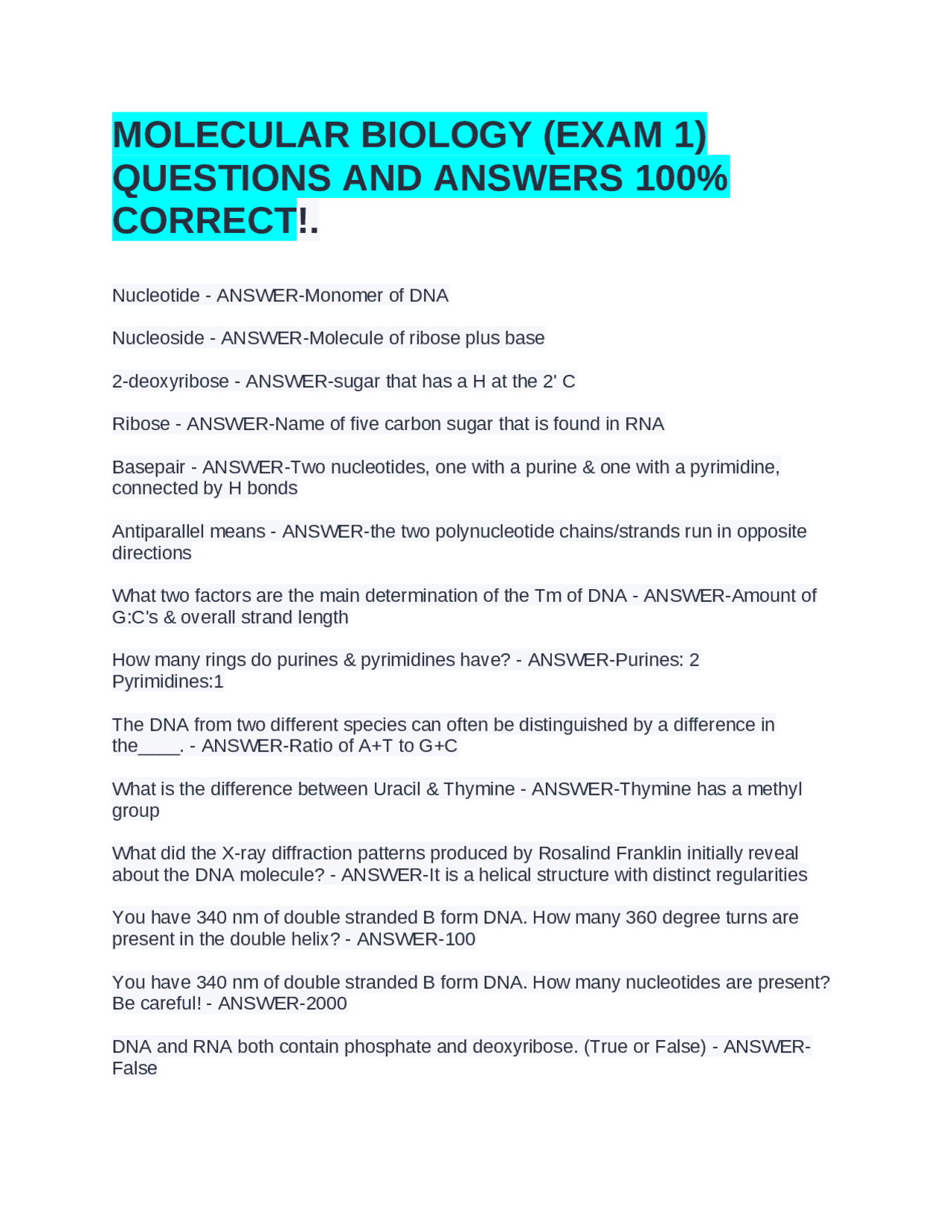 MOLECULAR BIOLOGY (EXAM 1) QUESTIONS AND ANSWERS 100% CORRECT!. | Exams ...