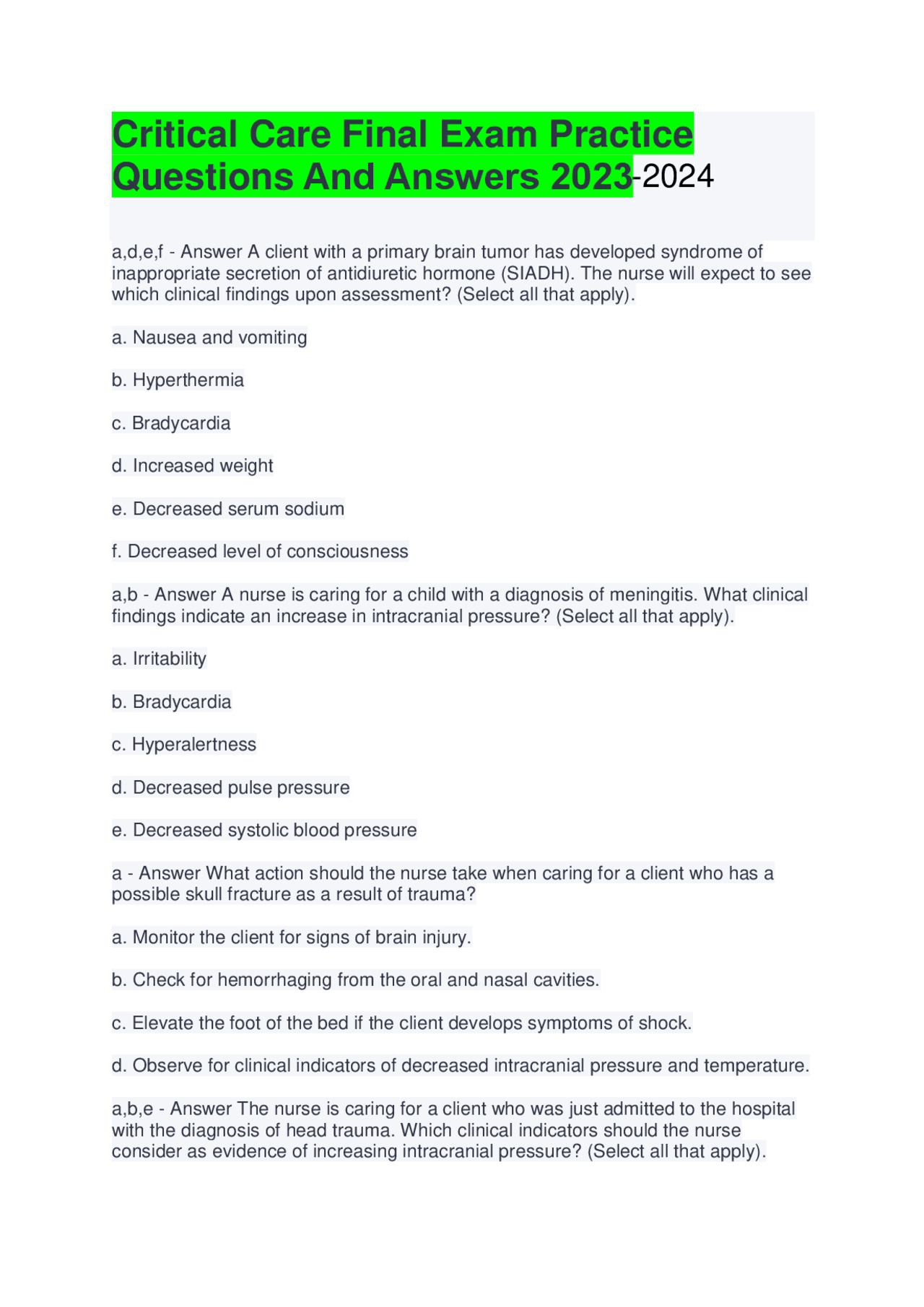 Critical Care Final Exam Practice Questions And Answers 2023-2024 ...