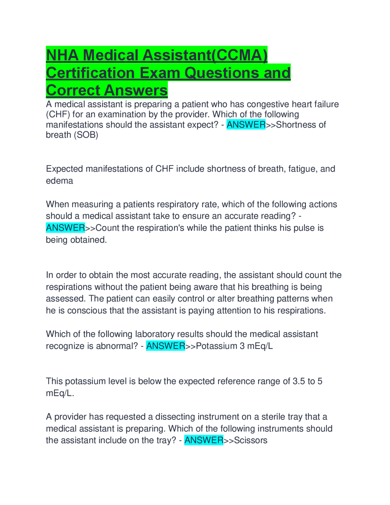 NHA Medical Assistant (CCMA) Certification Exam Questions and Answers ...