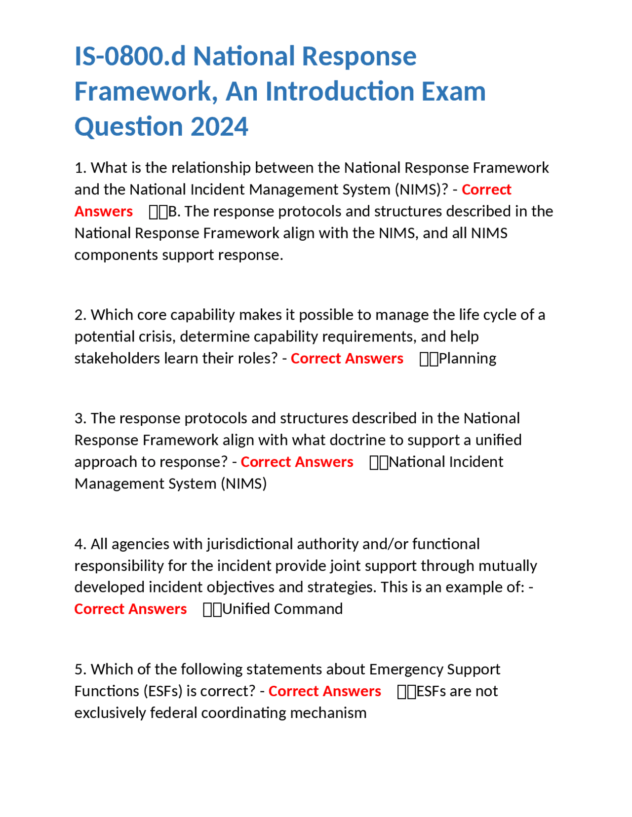 National Response Framework (NRF) Introduction Exam: Multiple Choice ...