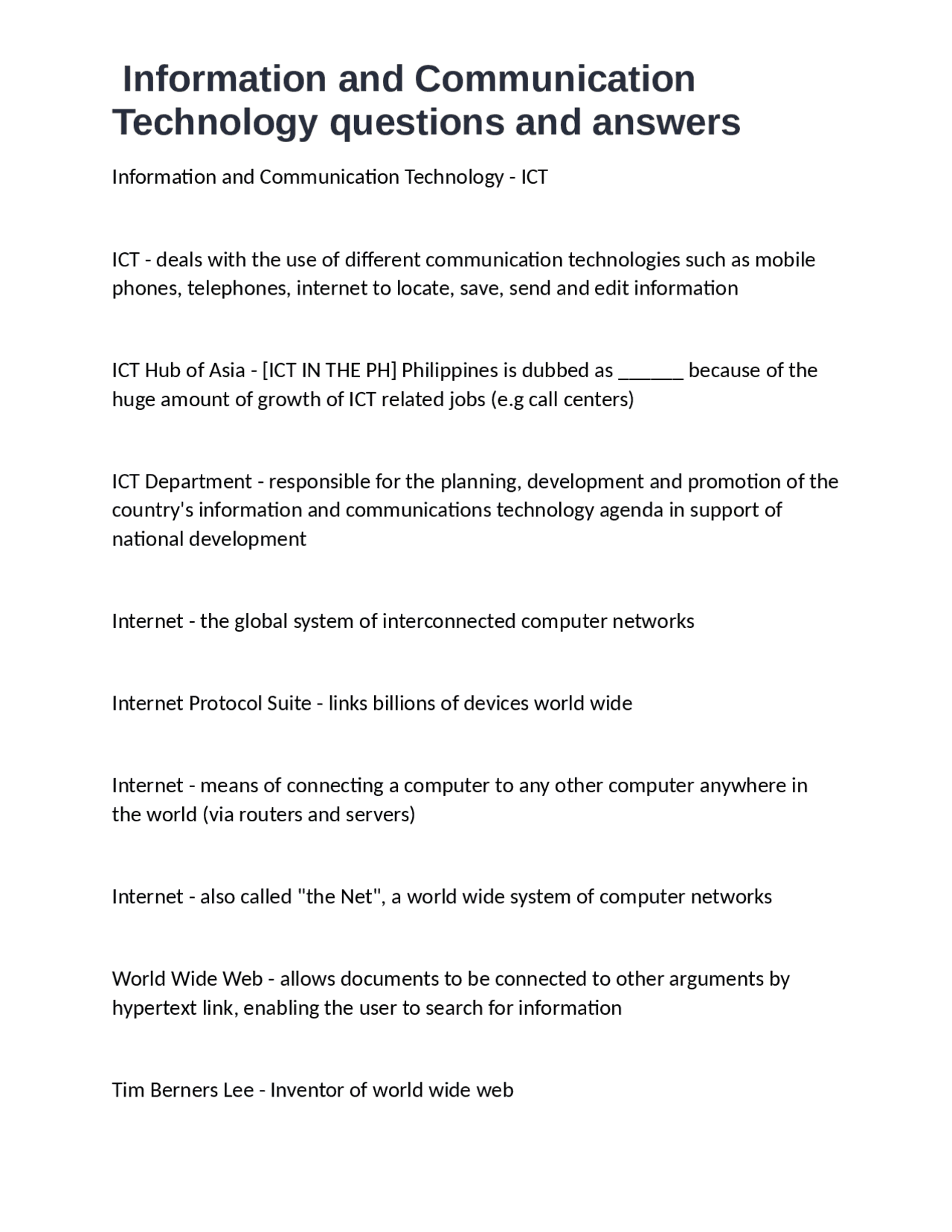 Information and Communication Technology (ICT) Questions and Answers ...