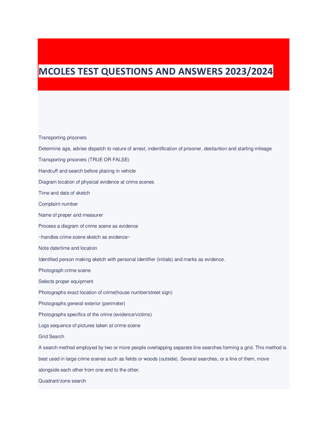 MCOLES TEST QUESTIONS AND ANSWERS 2023/2024 | Exams Criminology | Docsity