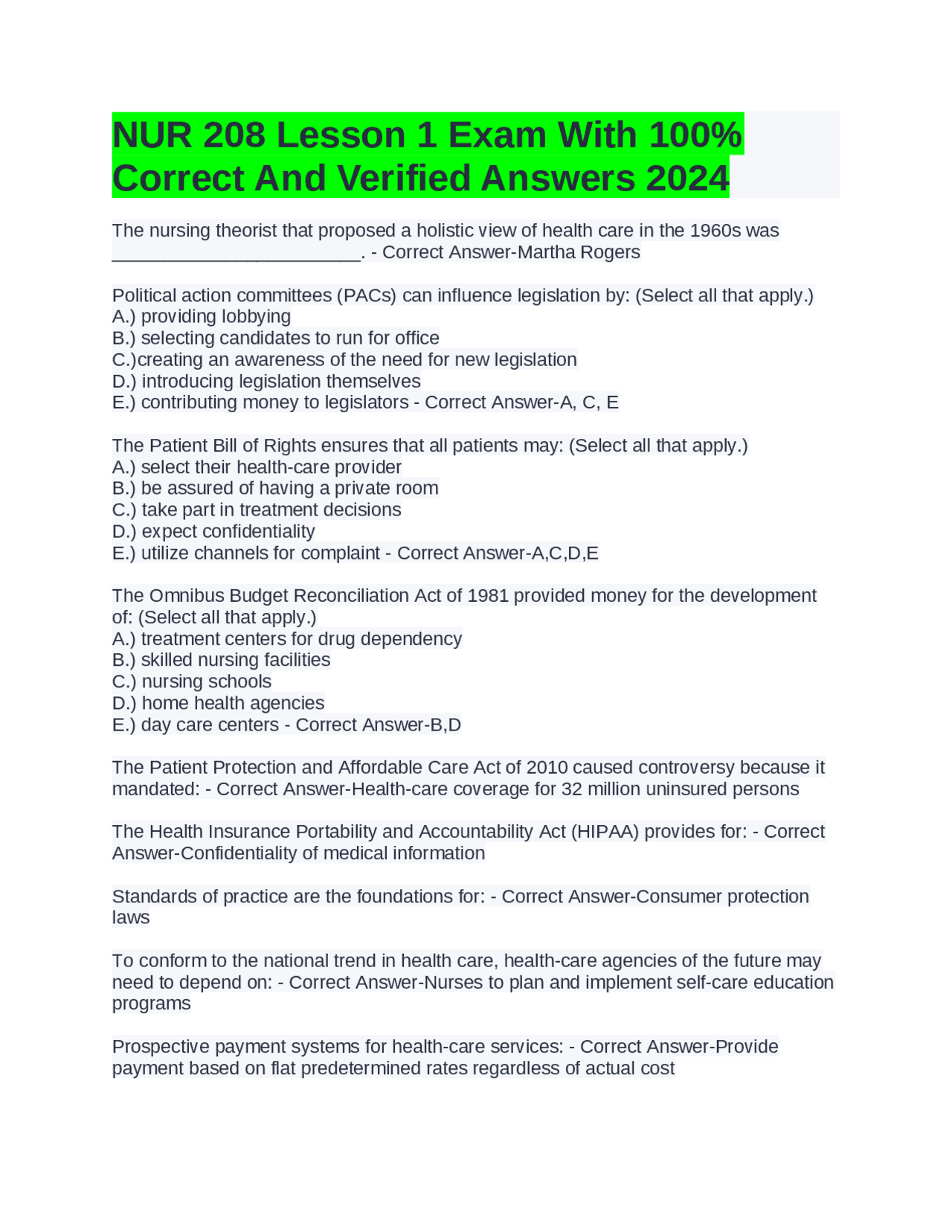 NUR 208 Lesson 1 Exam With 100% Correct And Verified Answers 2024 | Exams Advanced Education ...