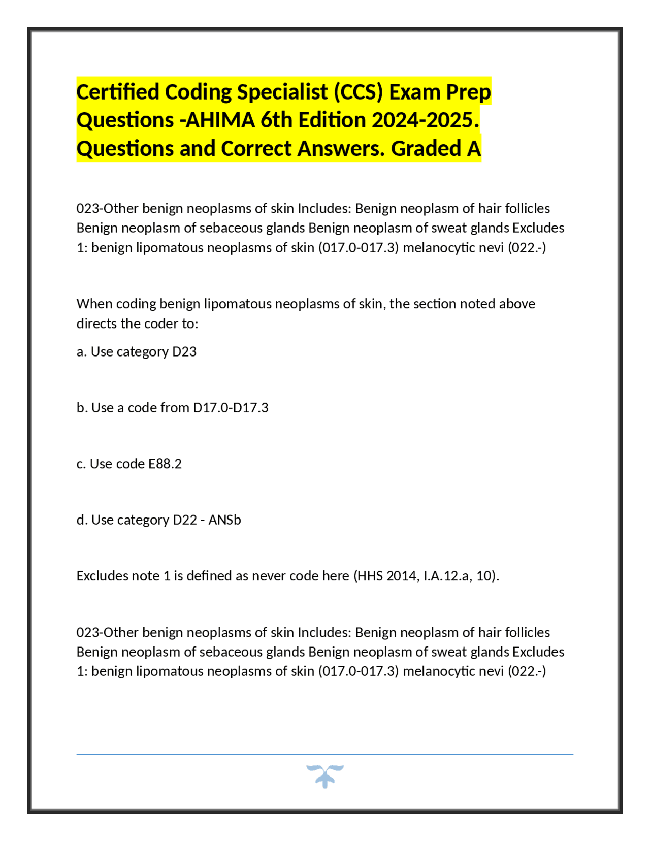 Certified Coding Specialist (CCS) Exam Prep Questions -AHIMA 6th Edition 2024-2025. Q & A ...