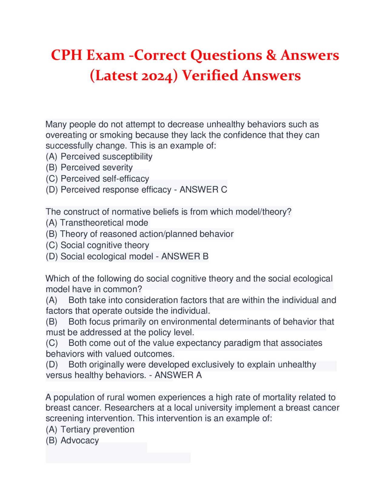 CPH Exam -Correct Questions & Answers (Latest 2024) Verified Answers ...