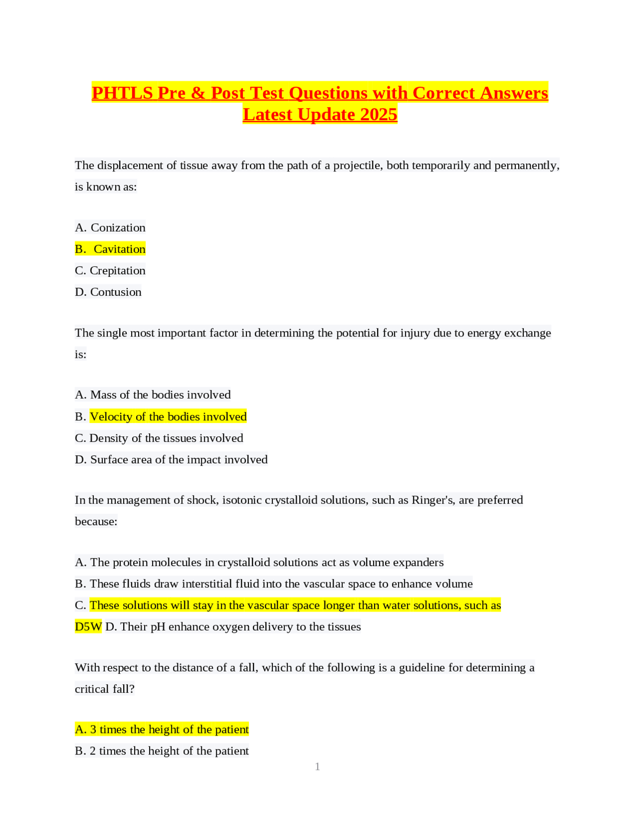 PHTLS Pre & Post Test Questions with Correct Answers - Latest Update ...