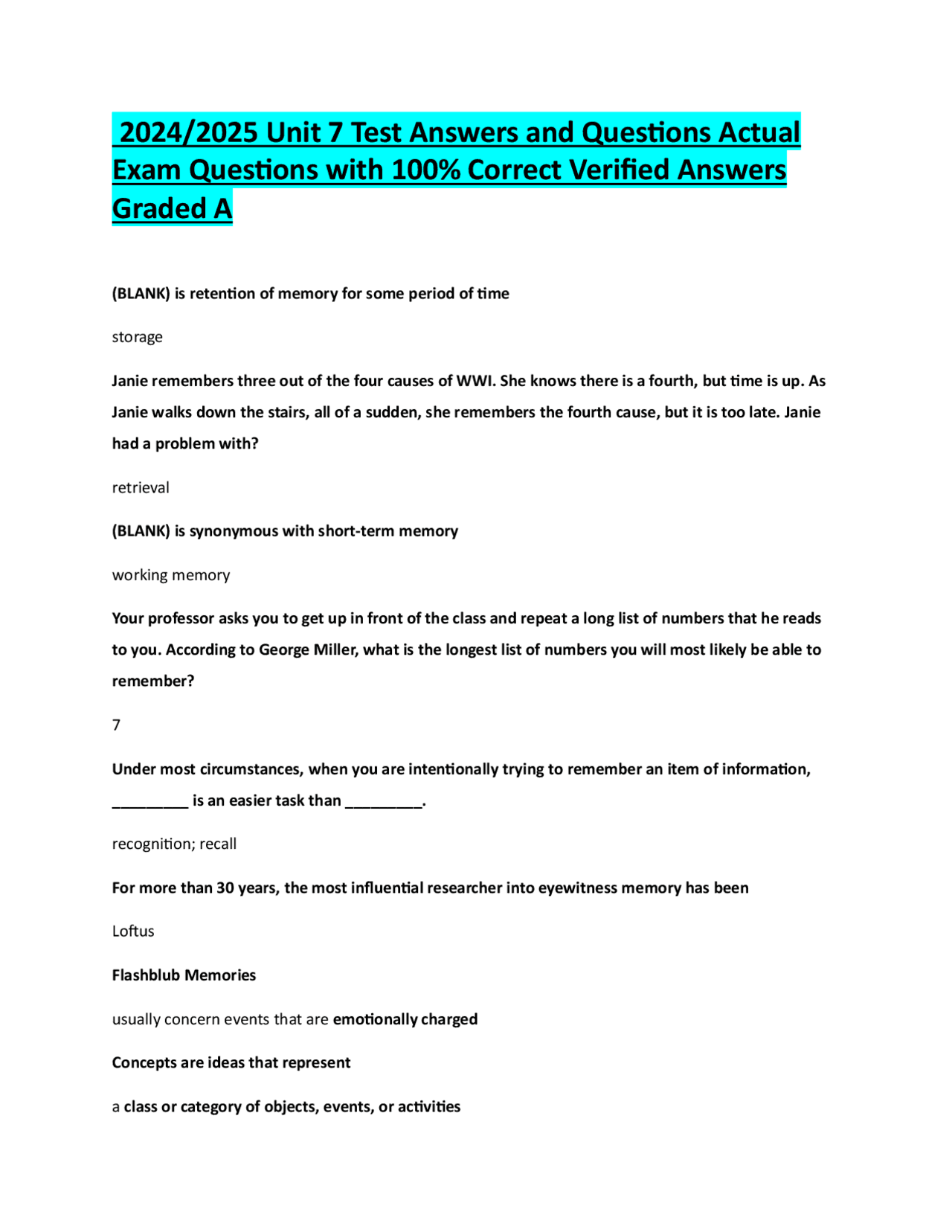 2024/2025 Unit 7 Test Answers and Questions Actual Exam Questions with ...