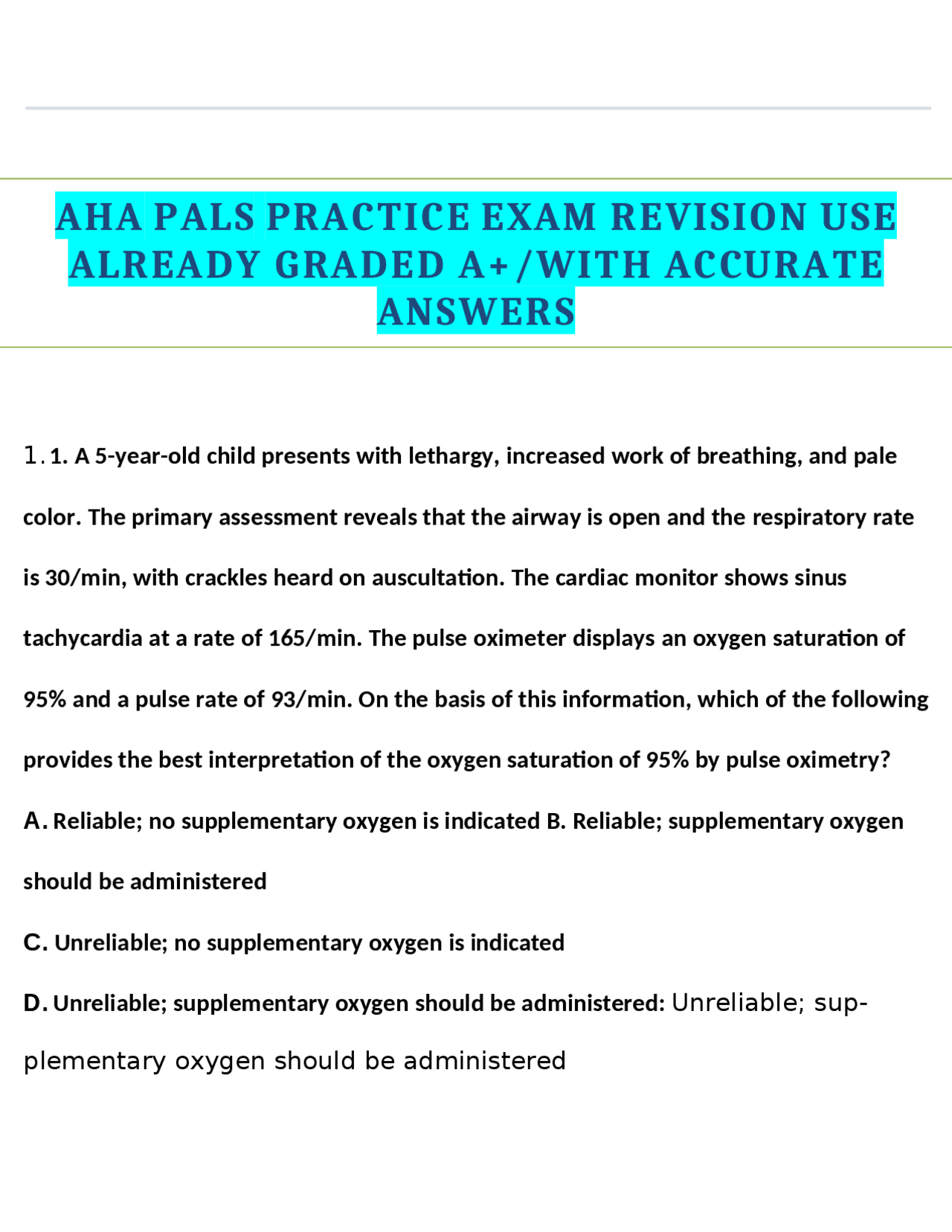 AHA PALS PRACTICE EXAM REVISION USE ALREADY GRADED A+/WITH ACCURATE ...
