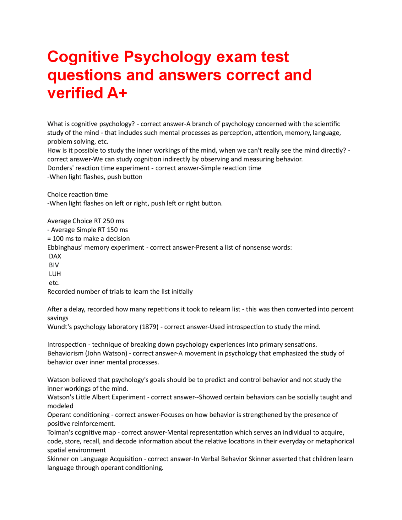 Cognitive Psychology exam test questions and answers correct and ...