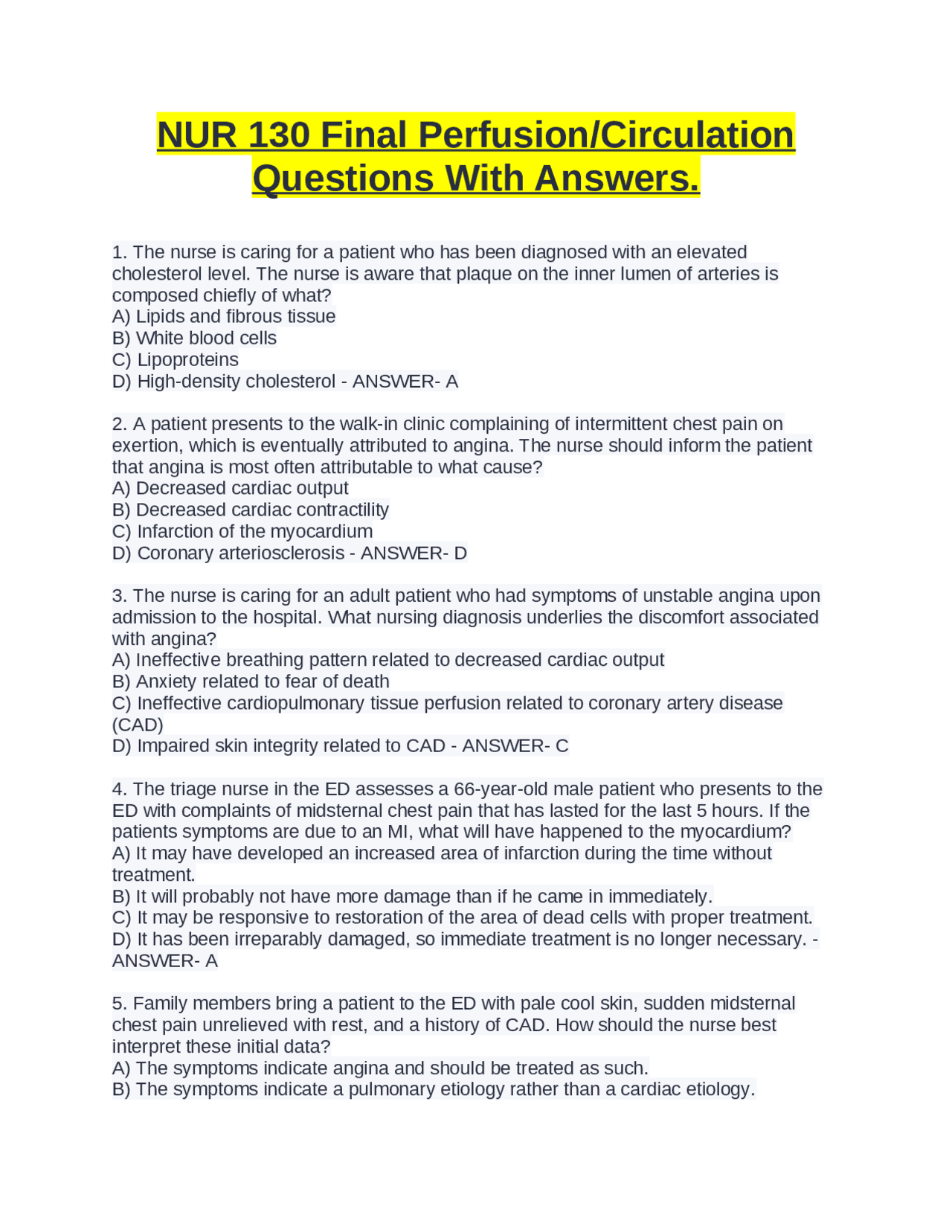 NUR 130 Final Perfusion/Circulation Questions With Answers. | Exams ...