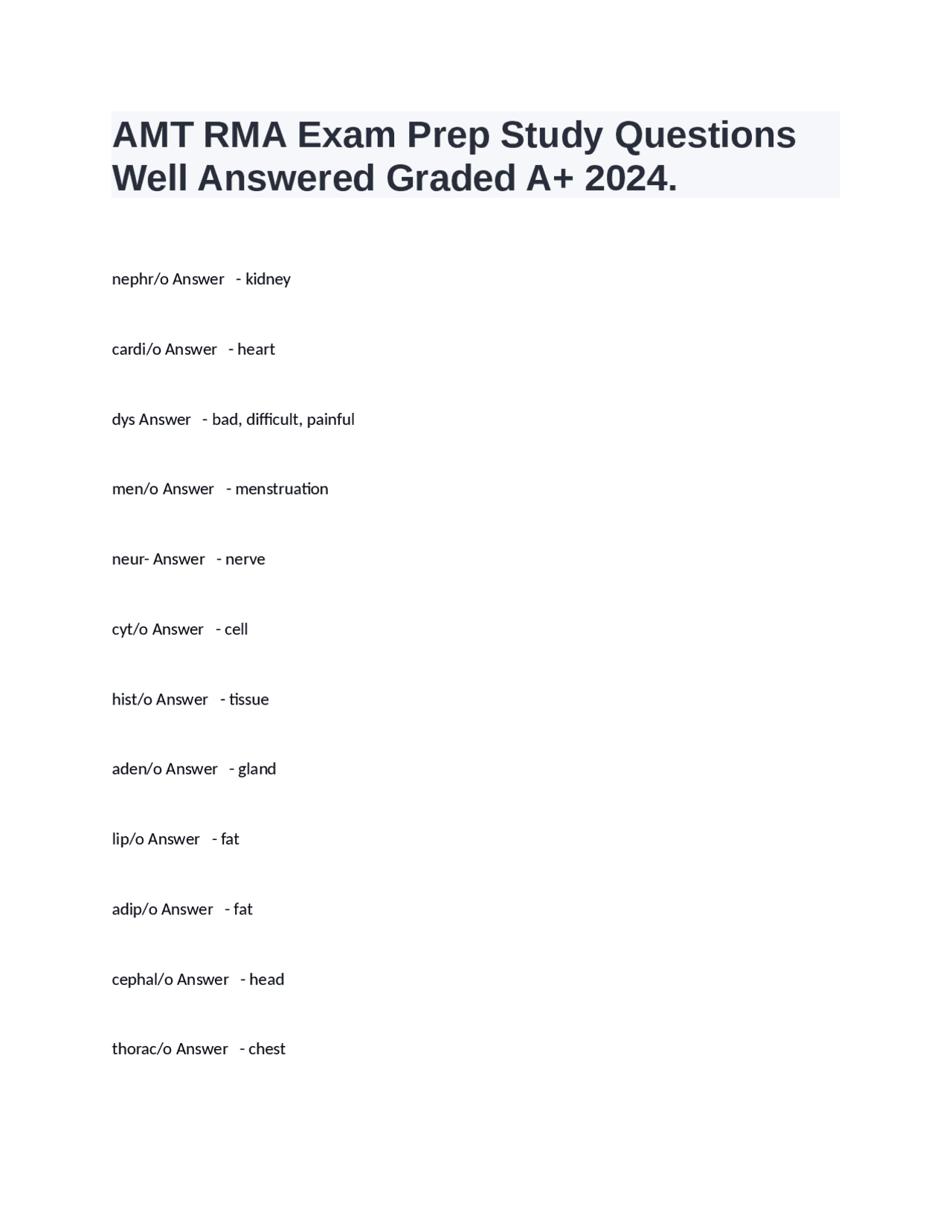 AMT RMA Exam Prep Study Questions Well Answered Graded A+ 2024. | Exams ...