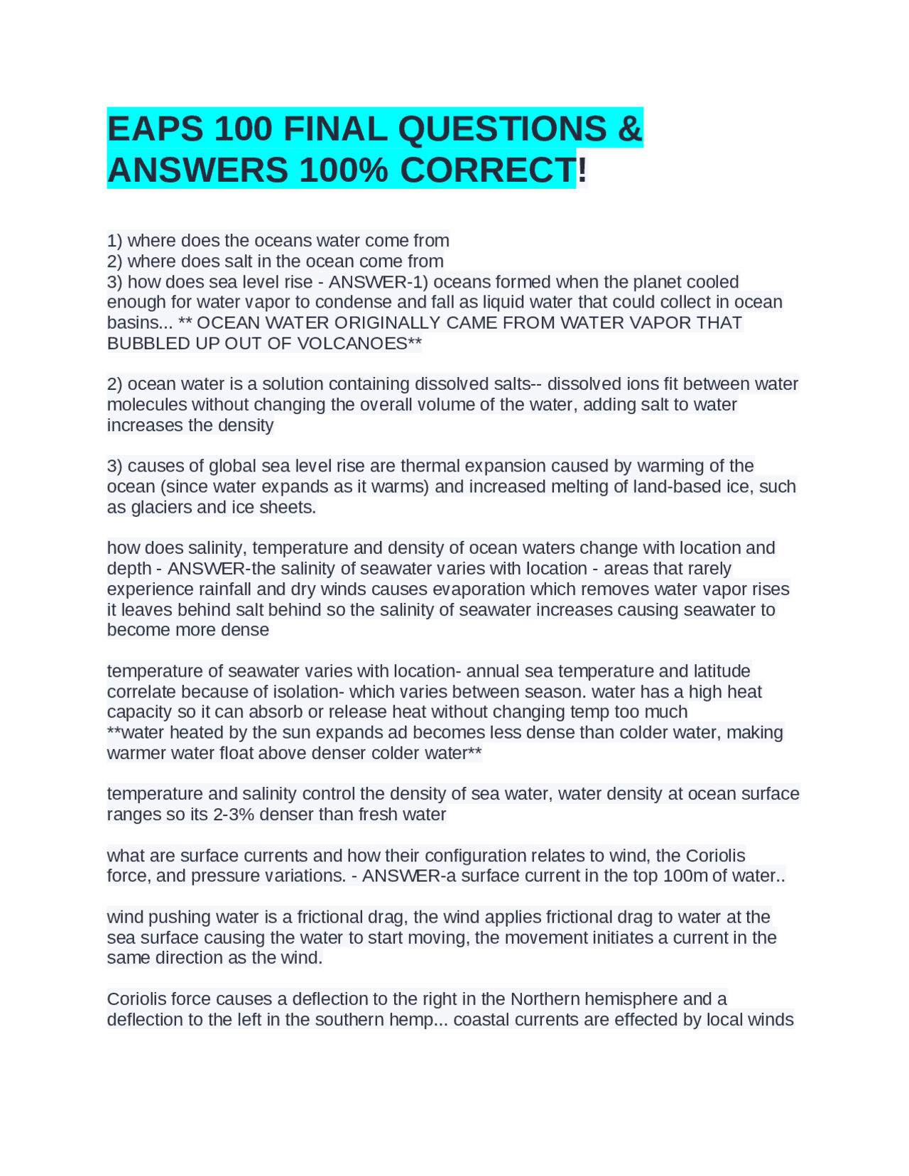 EAPS 100 FINAL QUESTIONS & ANSWERS 100% CORRECT! | Exams Meteorology ...