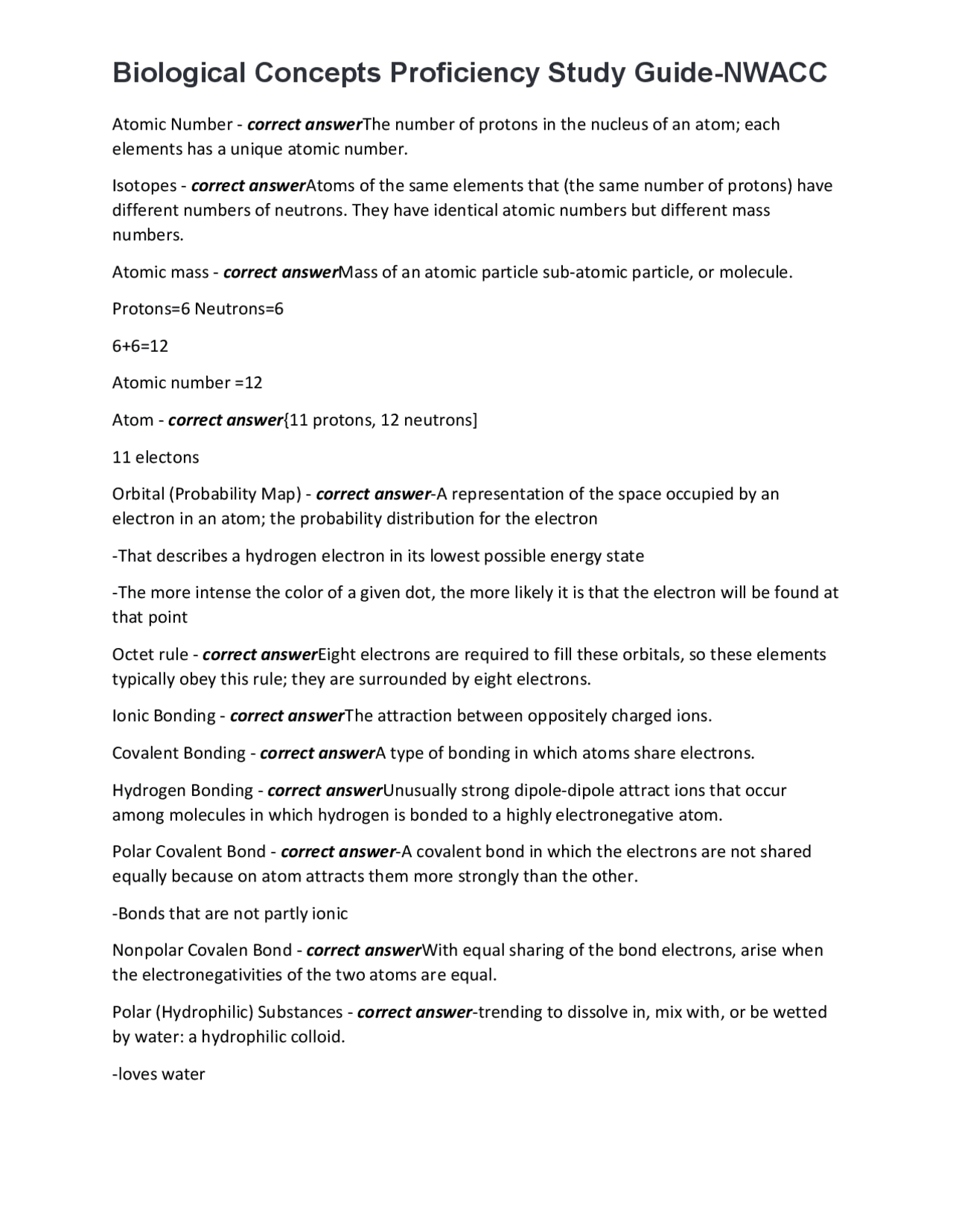 Biological Concepts Proficiency Study Guide-NWACC | Exams Biology | Docsity