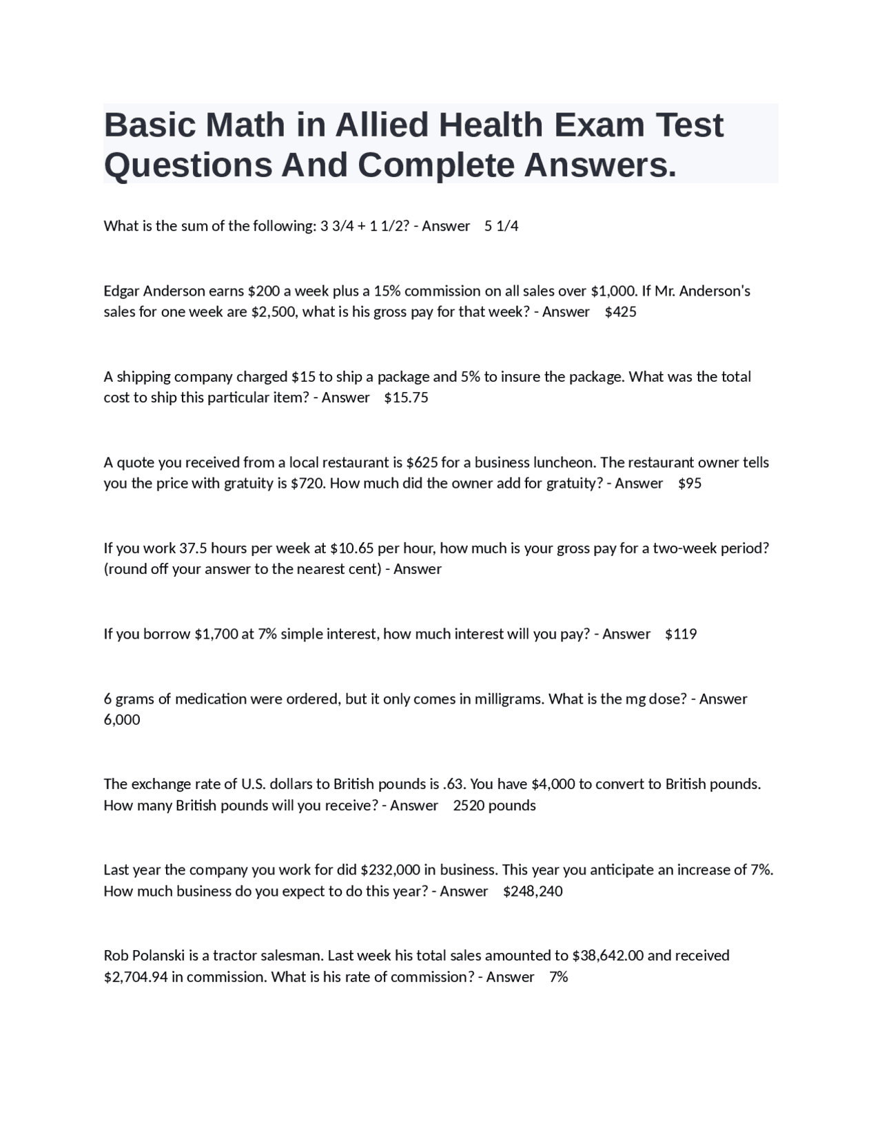 Basic Math in Allied Health Exam Test Questions And Complete Answers ...