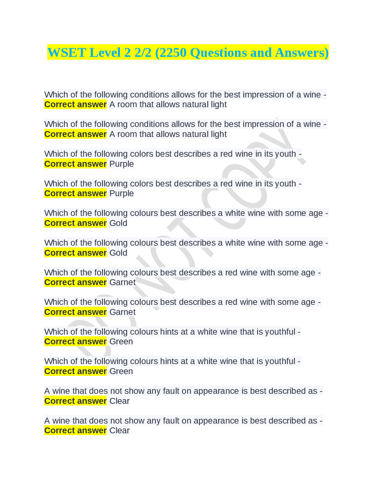 WSET Level 2 2/2 (2250 Questions and Answers) | Exams Winemaking | Docsity