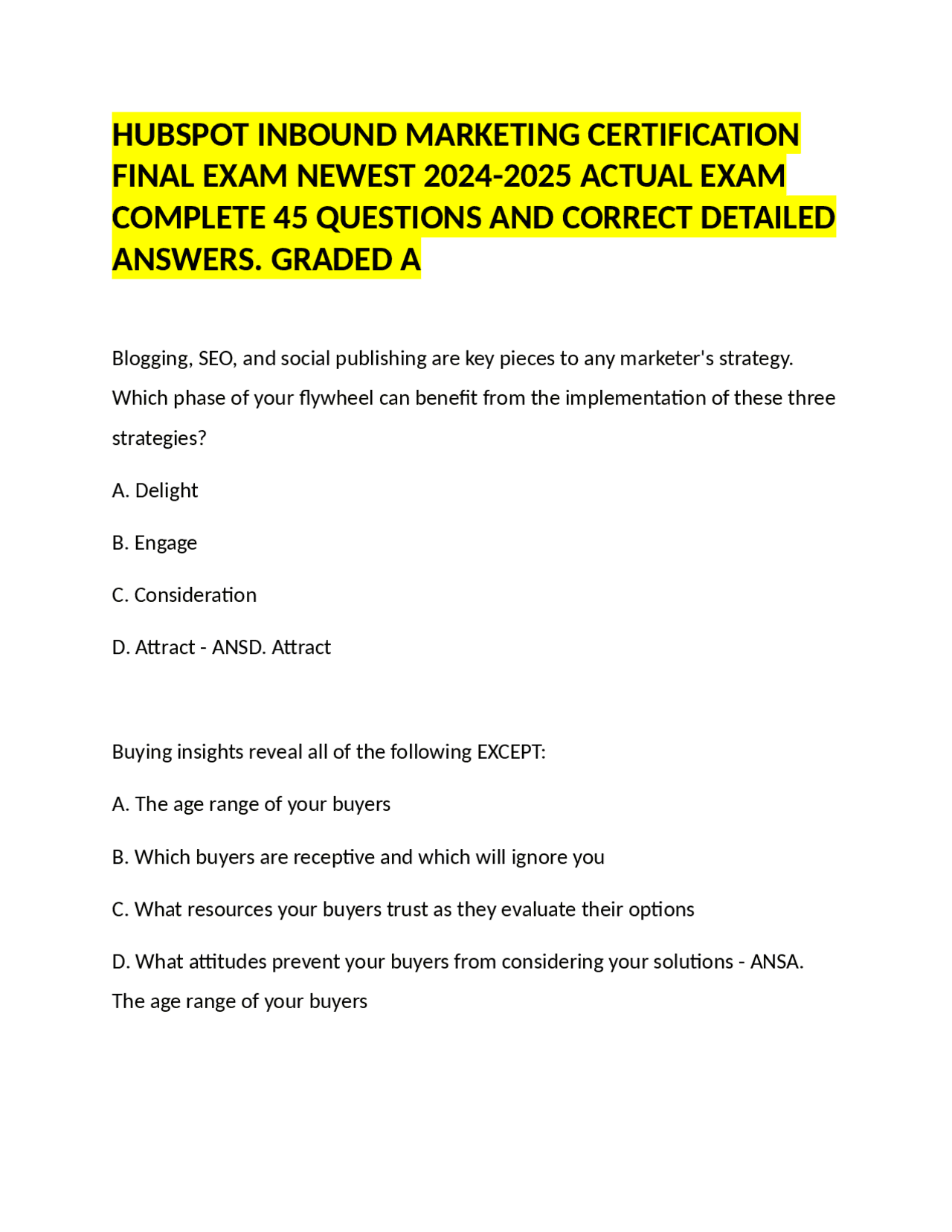 HUBSPOT INBOUND MARKETING CERTIFICATION FINAL EXAM NEWEST 2024-2025 ...