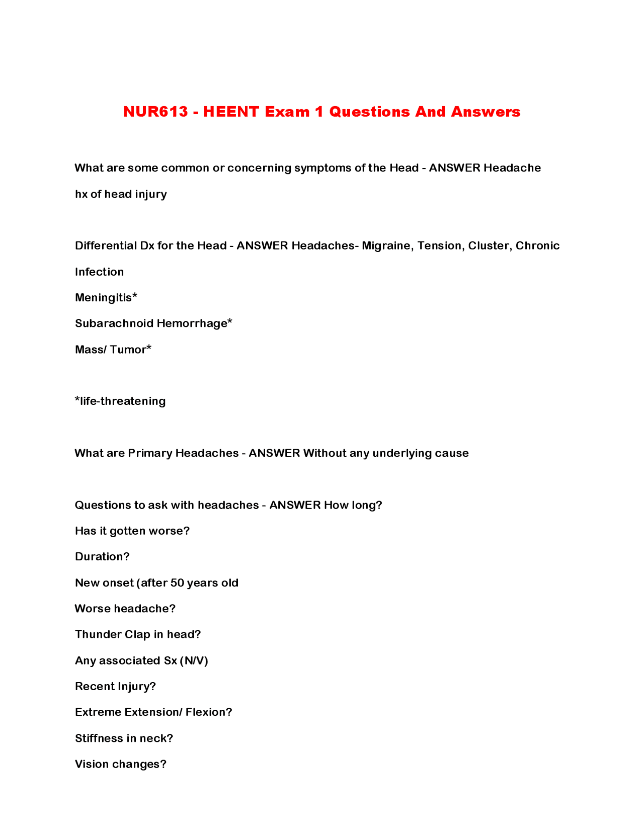 NUR613 - HEENT Exam 1 Questions And Answers | Exams Nursing | Docsity