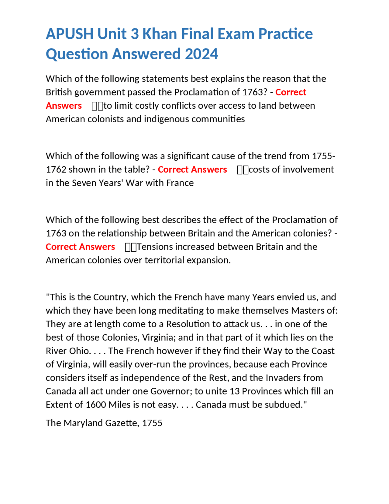 APUSH Unit 3 Khan Final Exam Practice Question Answered 2024 | Exams Nursing | Docsity