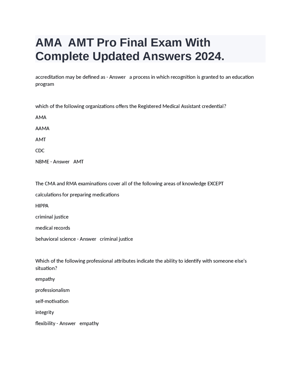 AMA AMT Pro Final Exam With Complete Updated Answers 2024 | Exams ...