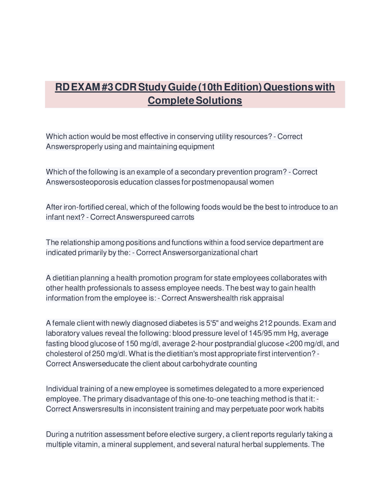RD EXAM #3 CDR Study Guide (10th Edition) Questions with Complete ...