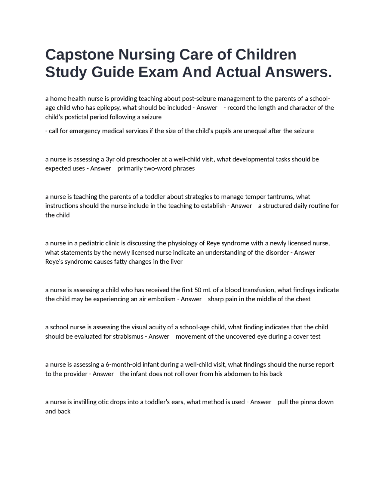 Capstone Nursing Care of Children Study Guide Exam And Actual Answers ...