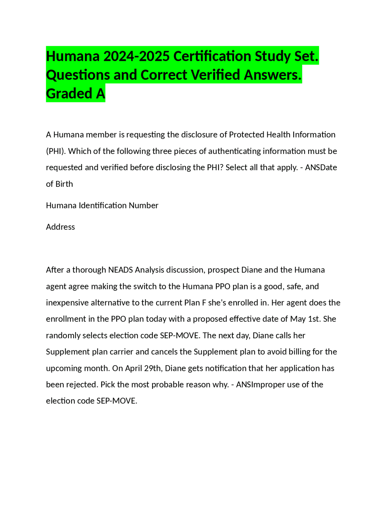 Humana 2024-2025 Certification Study Set. Questions and Correct ...