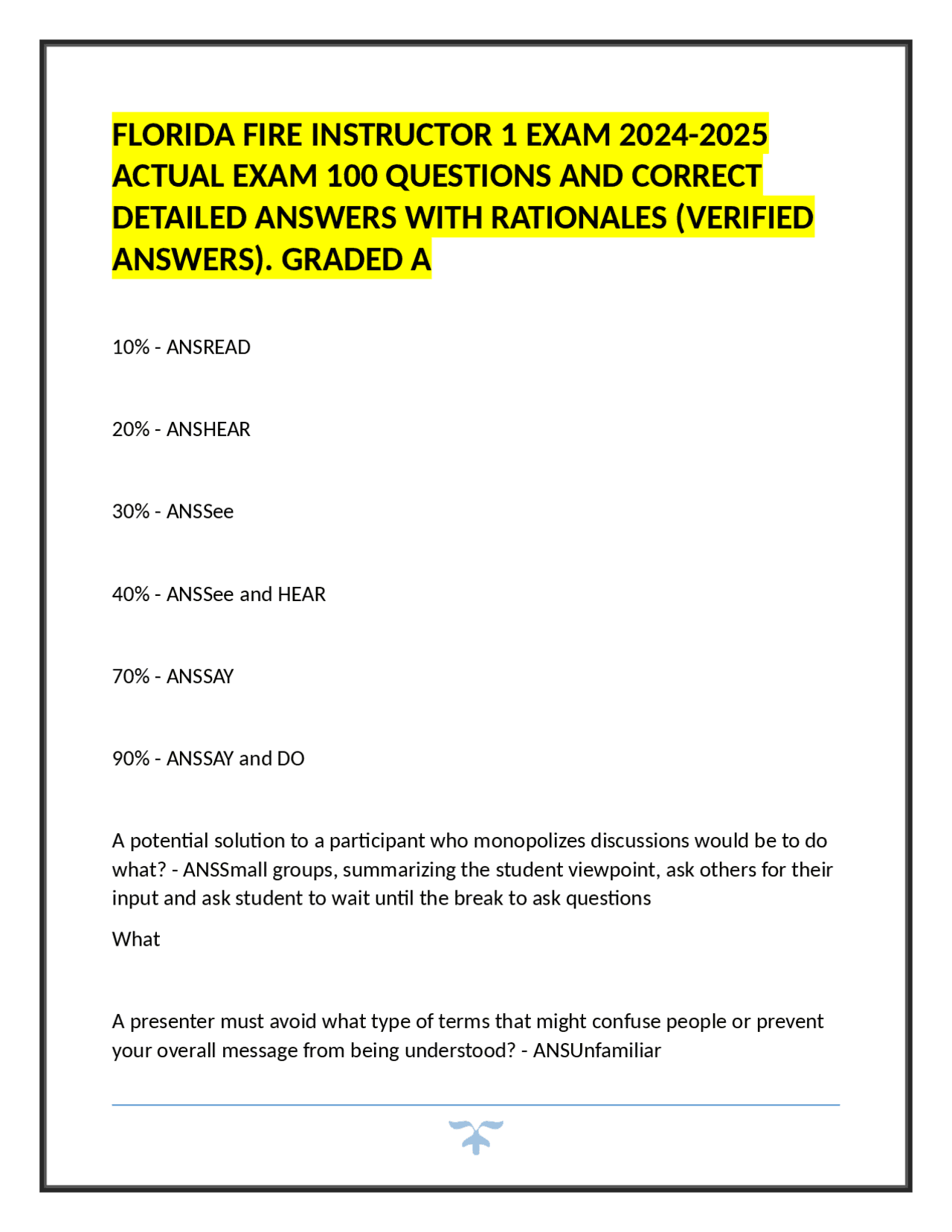 FLORIDA FIRE INSTRUCTOR 1 EXAM 2024-2025 ACTUAL EXAM 100 QUESTIONS AND ...