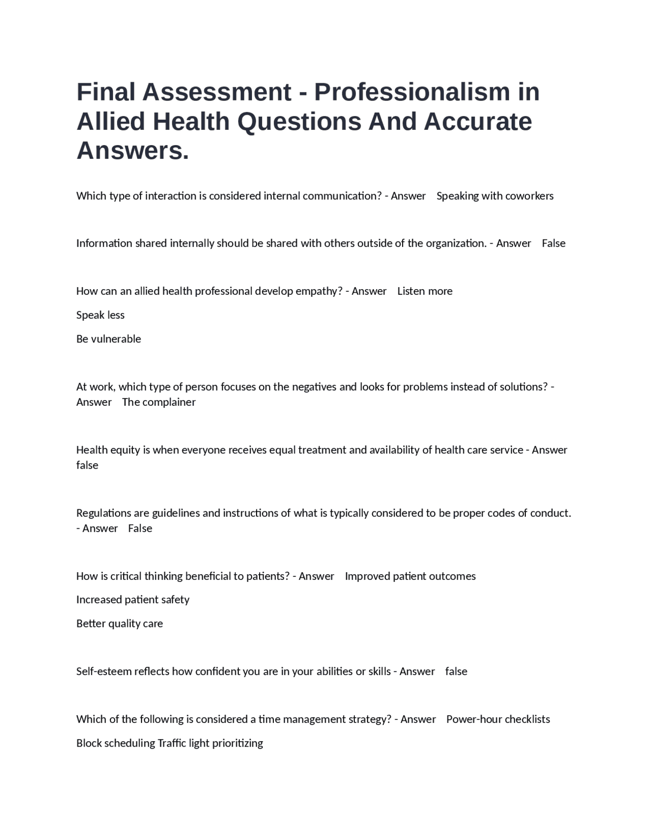 Final Assessment - Professionalism in Allied Health Questions And ...