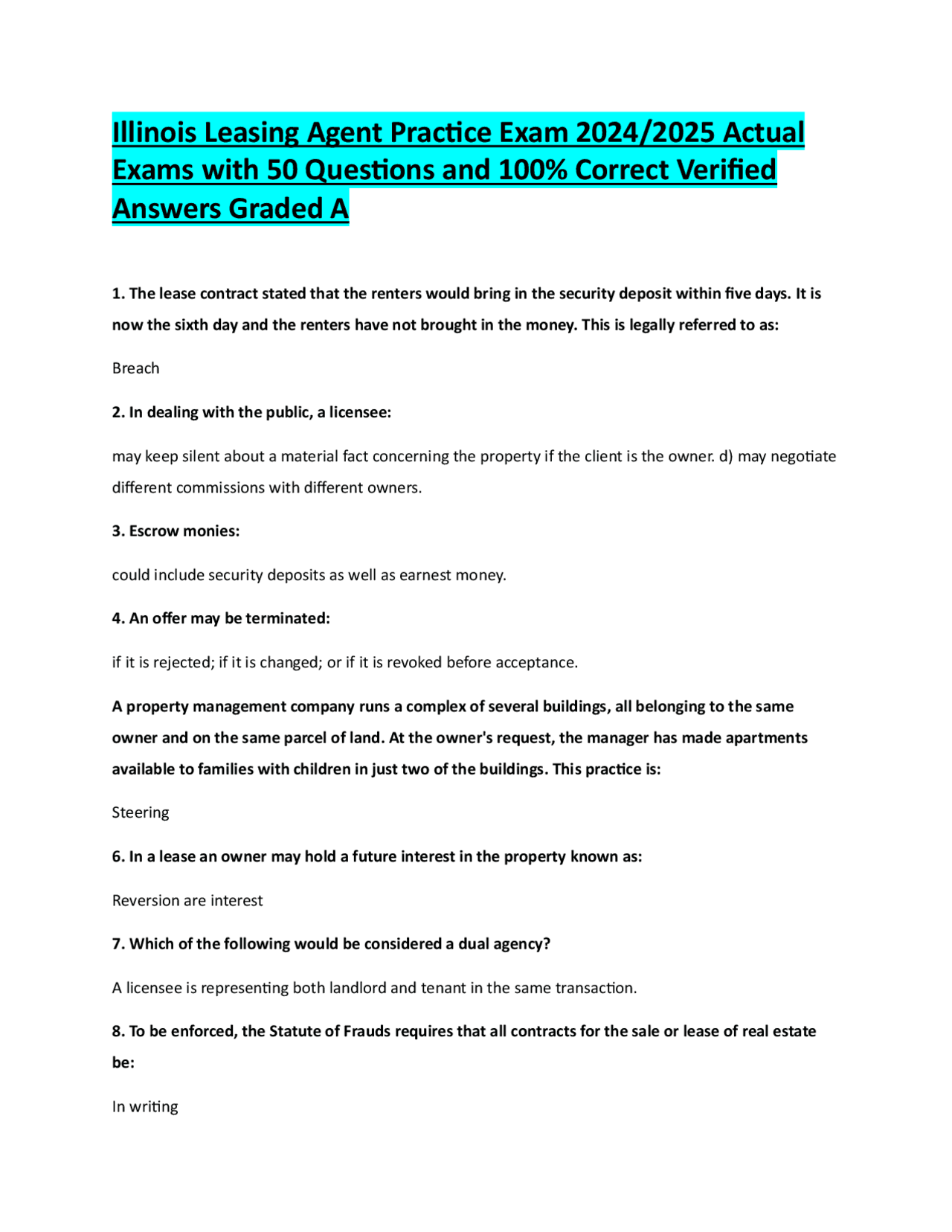 Illinois Leasing Agent Practice Exam 2024/2025 Actual Exams with 50 ...