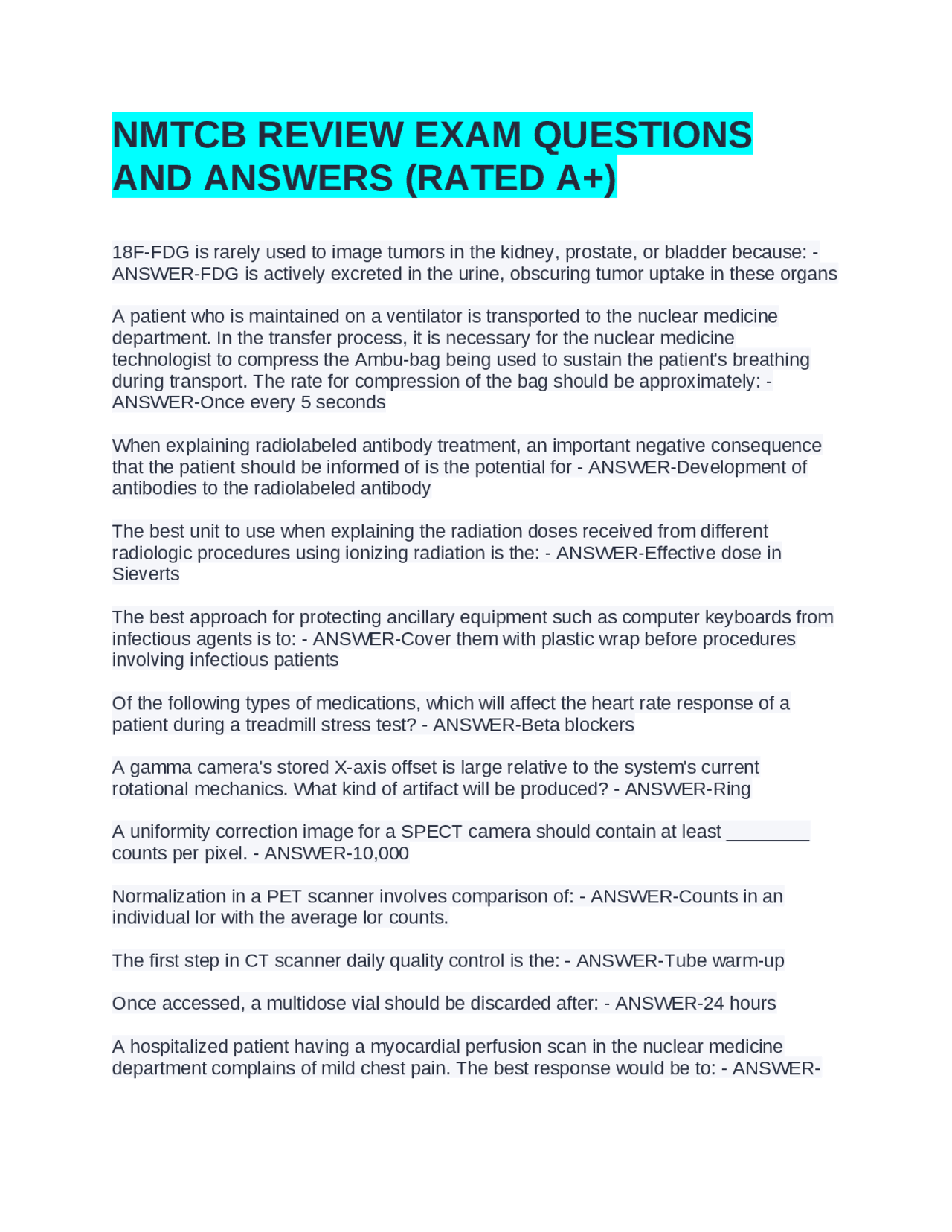 NMTCB REVIEW EXAM QUESTIONS AND ANSWERS (RATED A+) | Exams Radiology ...