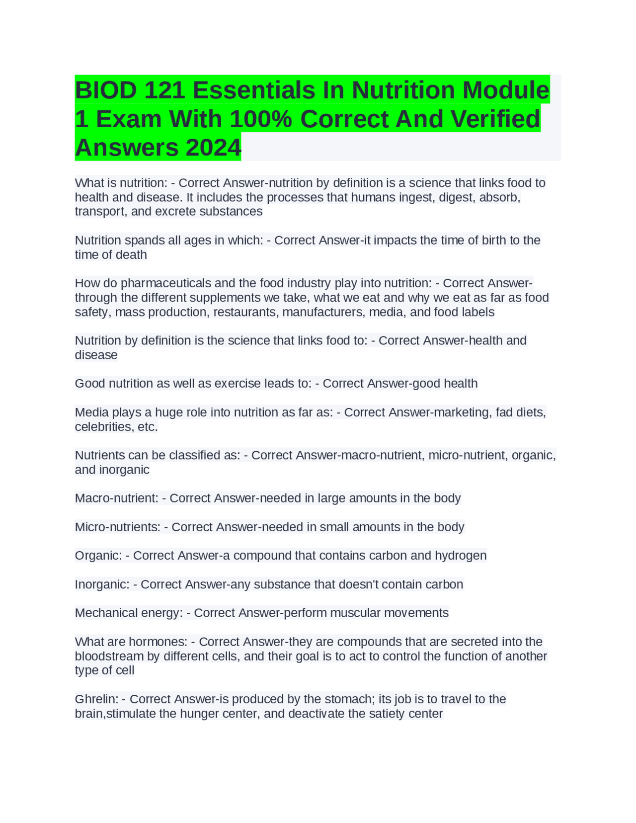 BIOD 121 Essentials In Nutrition Module 1 Exam: Questions and Answers ...